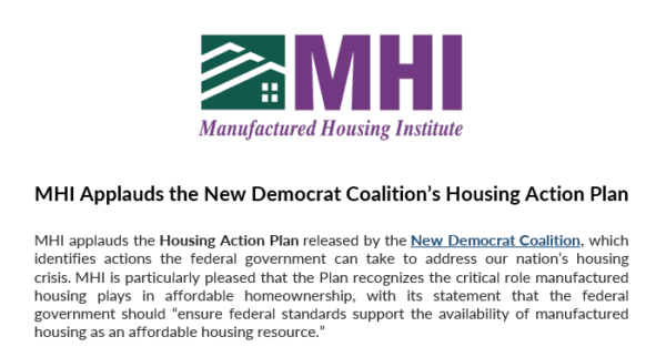 MHI Applauds the New Democrat Coalition’s Housing Action Plan